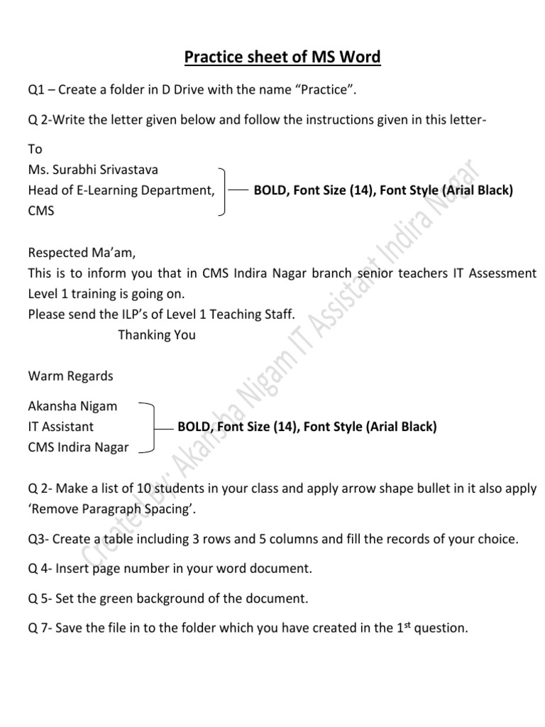 Practice Sheet of MS Word | PDF