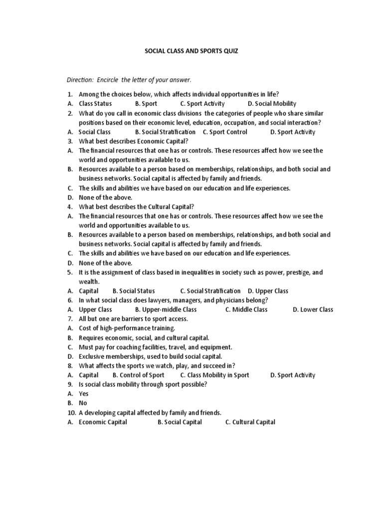Social Class and Sports Quiz | PDF | Social Mobility | Social ...