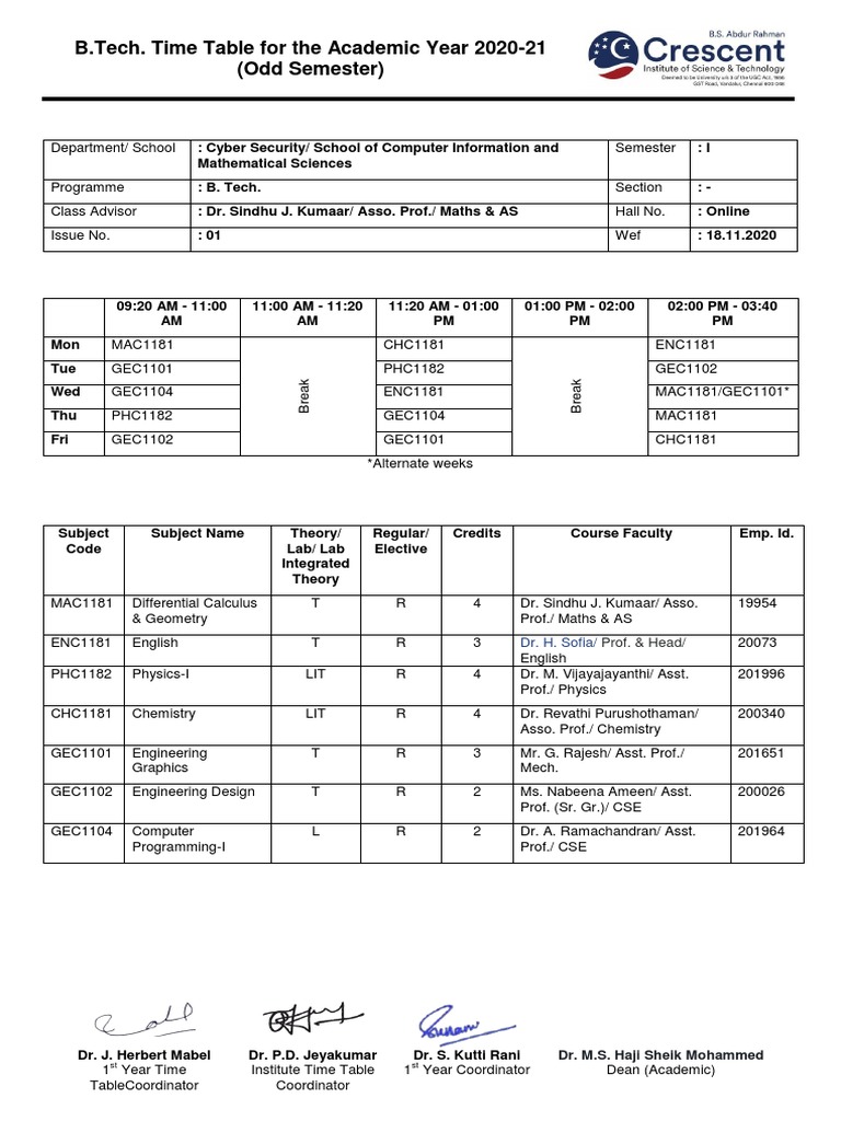 Time Table - CYBER SECURITY | PDF | Teaching Mathematics | Science And ...