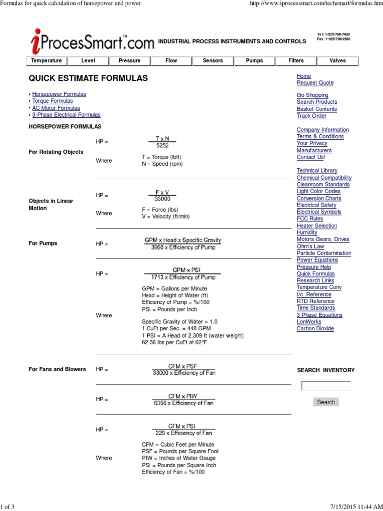 Horsepower and Torque Calculation Formulas | PDF | Horsepower | Torque