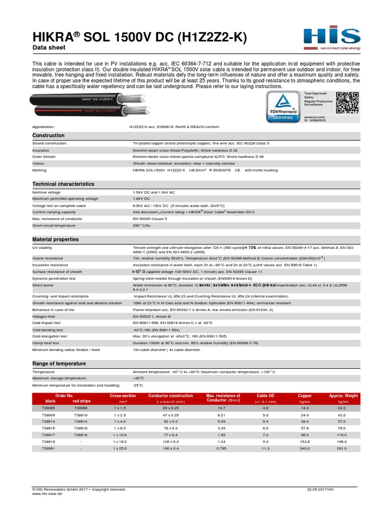 Hikra SOL 1500V DC (H1Z2Z2-K) : Data Sheet | PDF | Insulator (Electricity) | Electrical ...