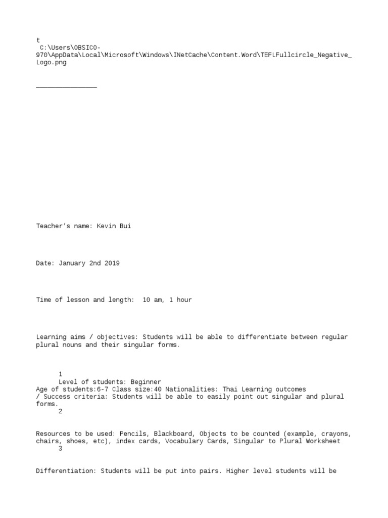 Tefl Lesson Plan | PDF | Plural | Grammatical Number