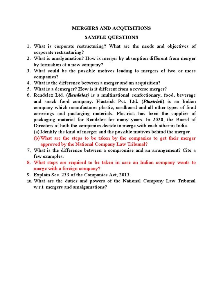 Mergers and Acquisitions Sample Questions | PDF