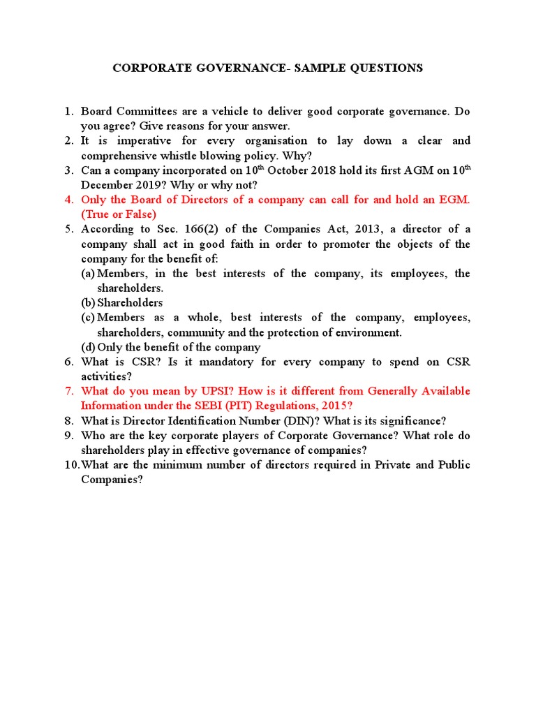 Corporate Governance - Sample Questions | PDF