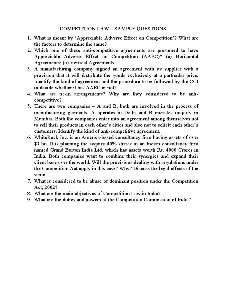 Competition Law - Sample Questions | PDF