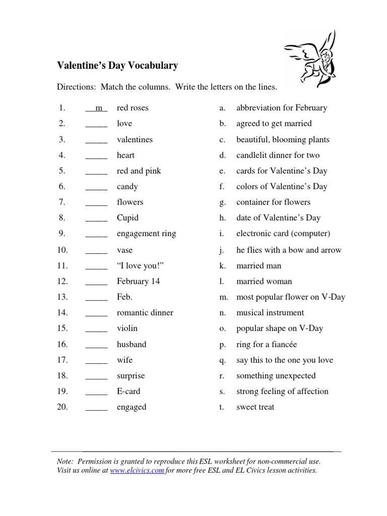 ESL Valentine's Vocabulary Worksheet | PDF