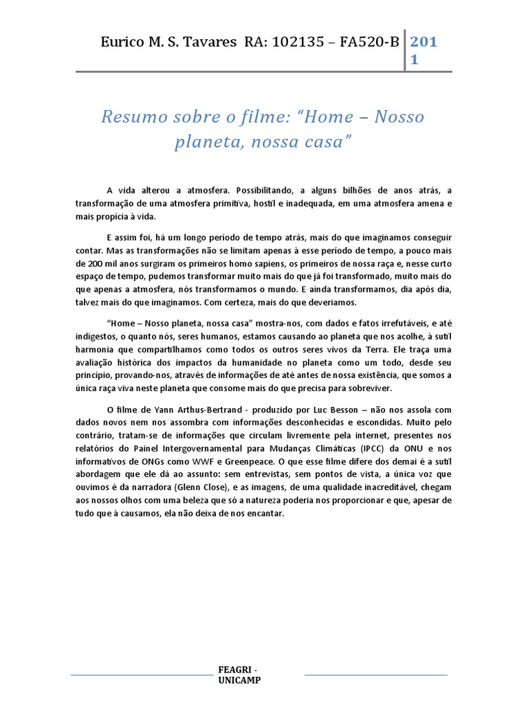 Resumo sobre o documentário "Home - Nosso planeta, nossa casa | PDF