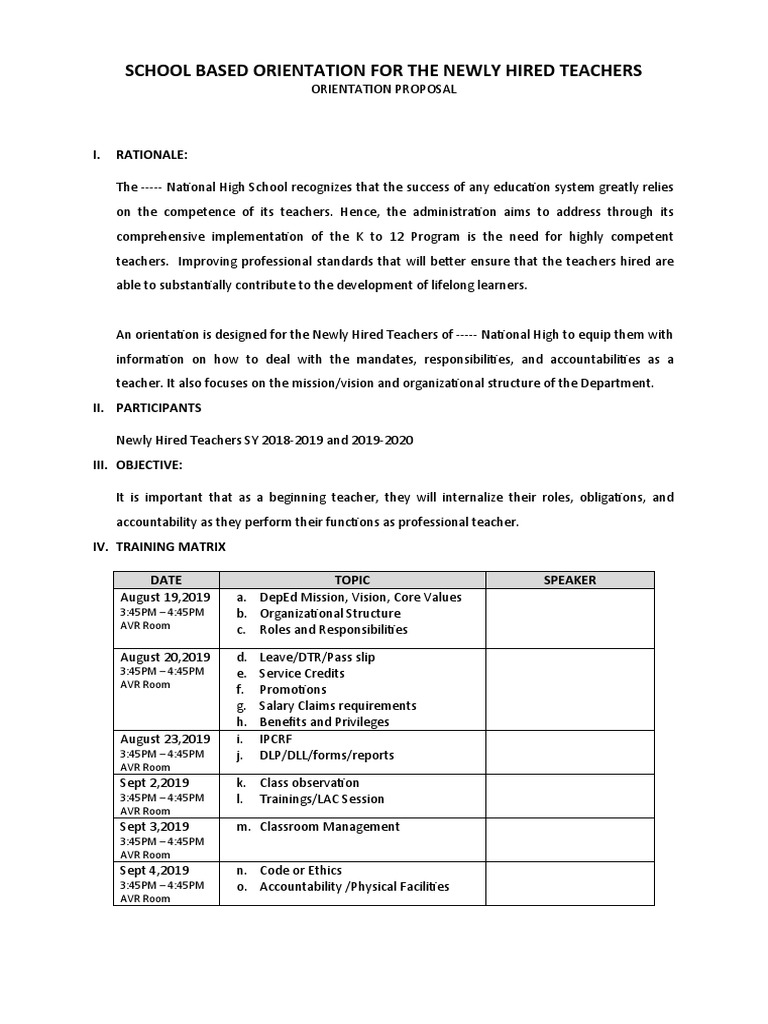 Proposal - Orientation - Newly Hired Teachers01 | PDF | Career & Growth
