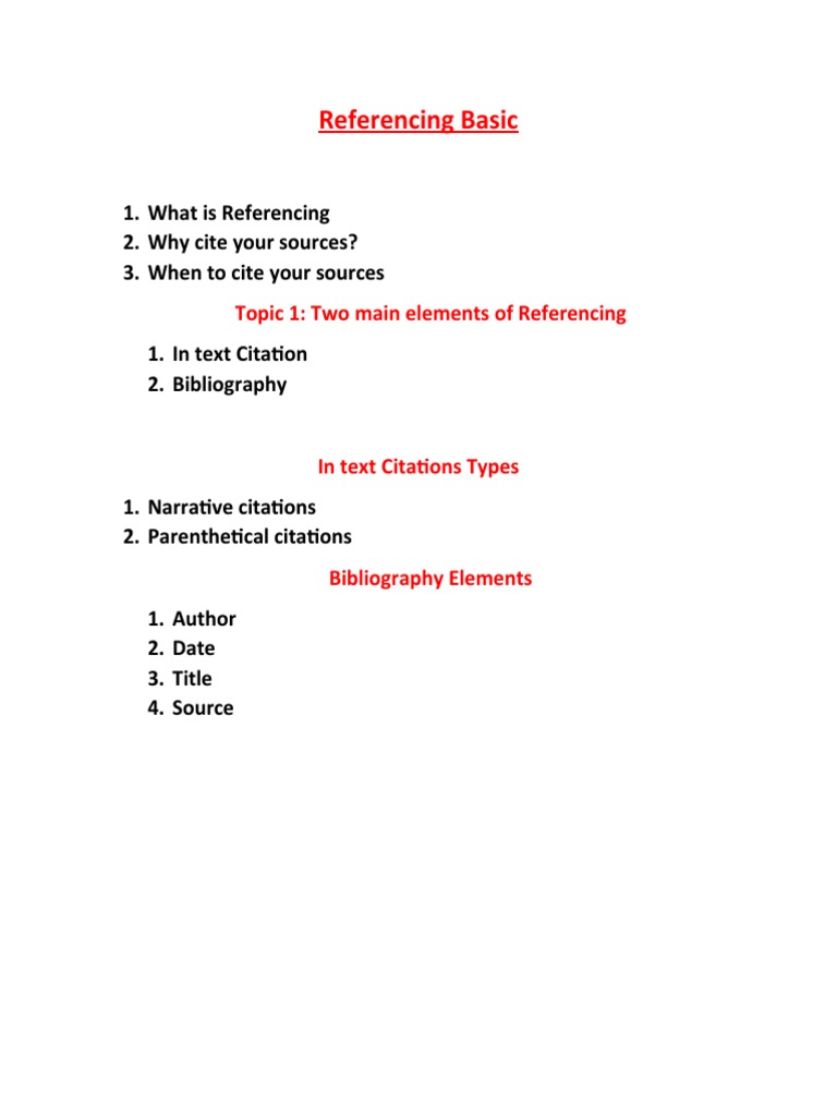 Referencing Basic: 1. What Is Referencing 2. Why Cite Your Sources? 3. When To Cite Your Sources ...