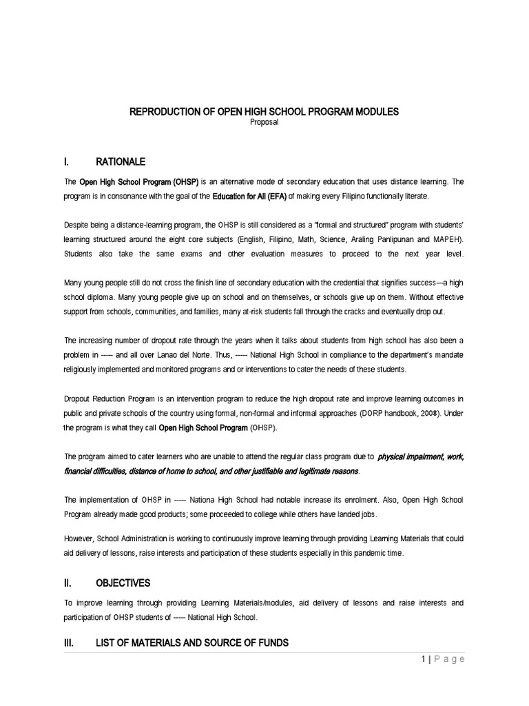 Open High School Program Proposal | PDF | Distance Education | Printer ...