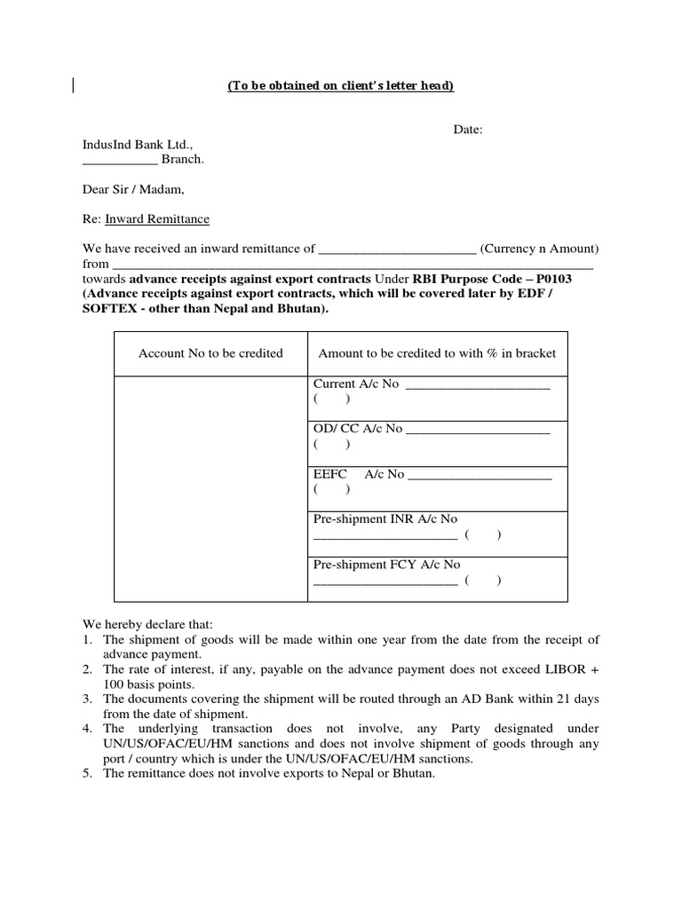 Format of Inward Remittance For Export Advance | PDF | Reserve Bank Of ...