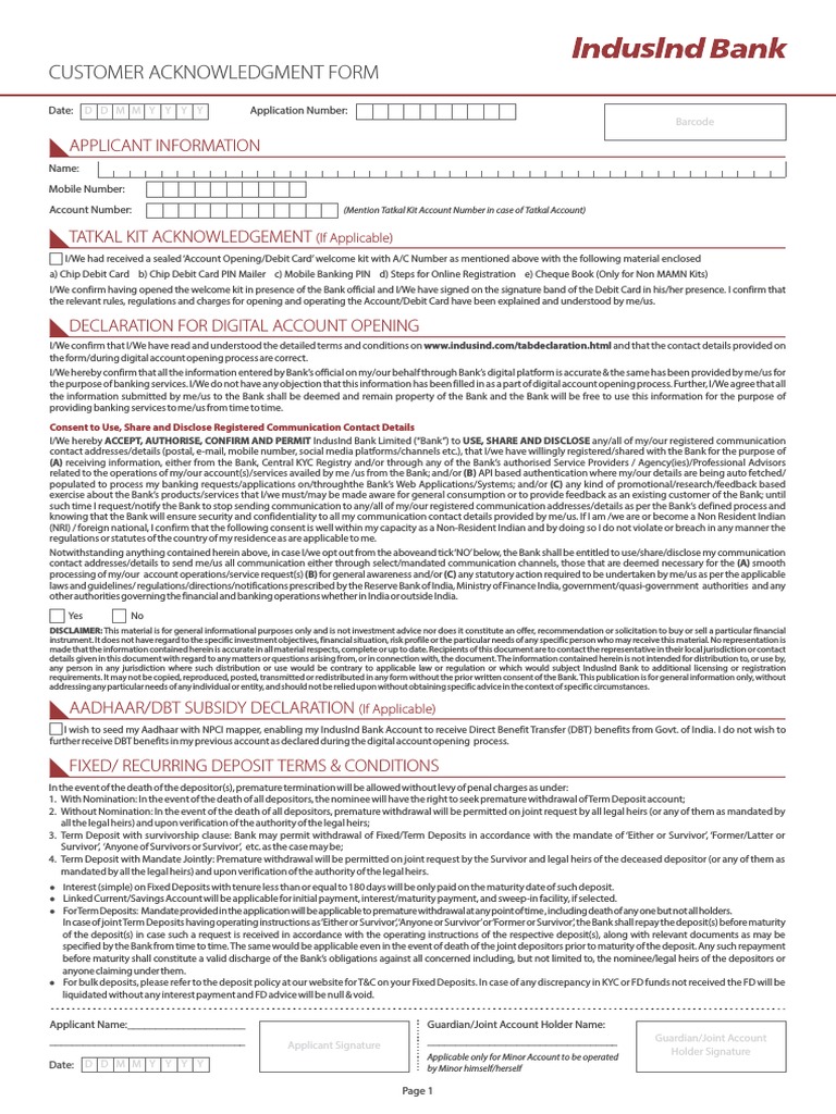Customer Acknowledgment Form: Applicant Information | PDF | Deposit ...