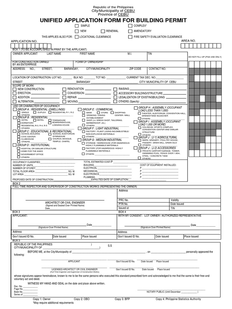 Unified Application Form For Building Permit: City/Municipality of CEBU Province of CEBU ...