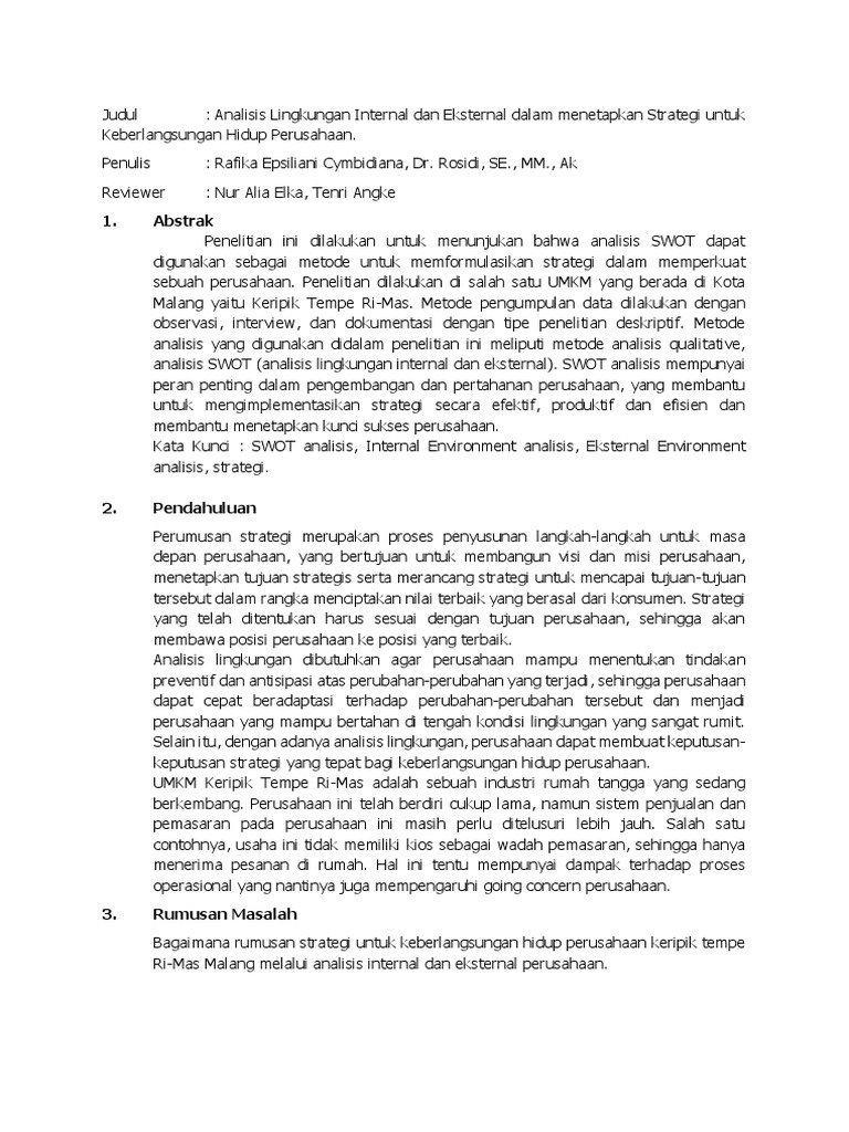 Review Jurnal Analisis Eksternal Dan Internal UMKM Keripik Tempe | PDF