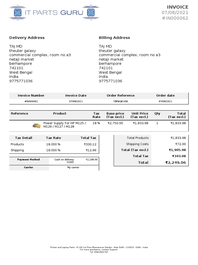 Delivery Address Billing Address: Invoice Number Invoice Date Order ...