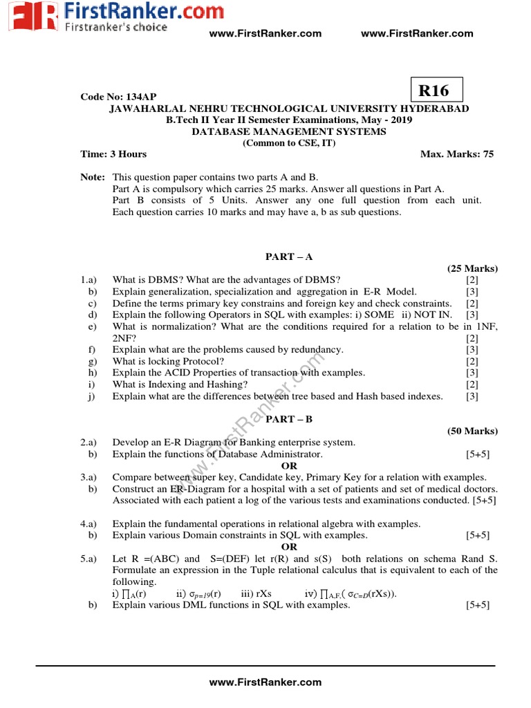 JNTUH B Tech 2019 2 2 May R18 CSE 134AP DMS Database Management Systems ...