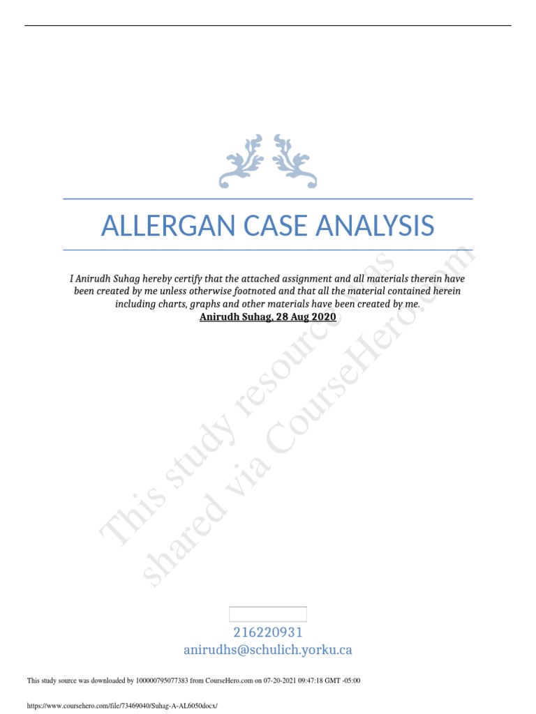 Allergan Case Analysis: This Study Resource Was | PDF | Takeover | Mergers And Acquisitions