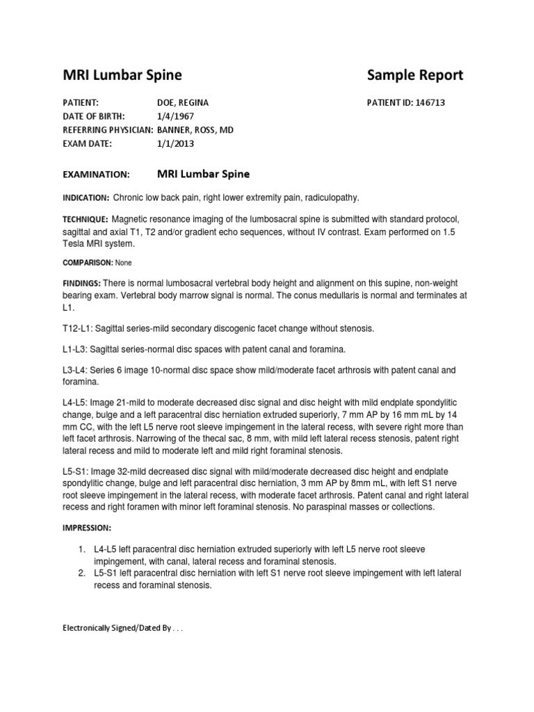 MRI Lumbar Spine Report | PDF