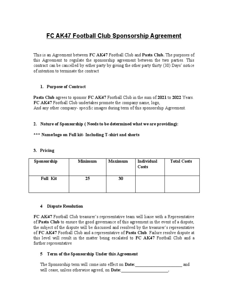 Blessington Football Club Sponsorship Agreement | PDF