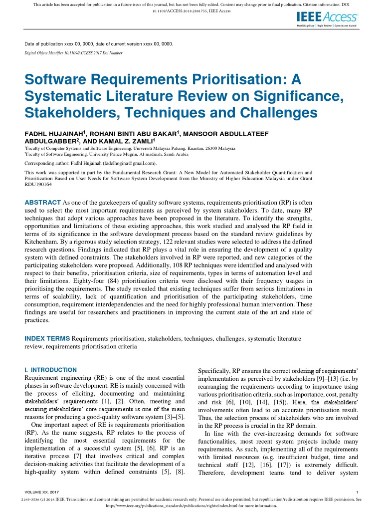 2018 - Software Requirements Prioritisation - A Systematic Literature Review On Significance ...
