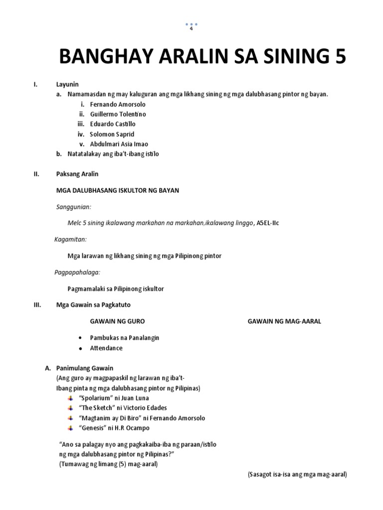 Banghay Aralin Sa Sining 5 | PDF