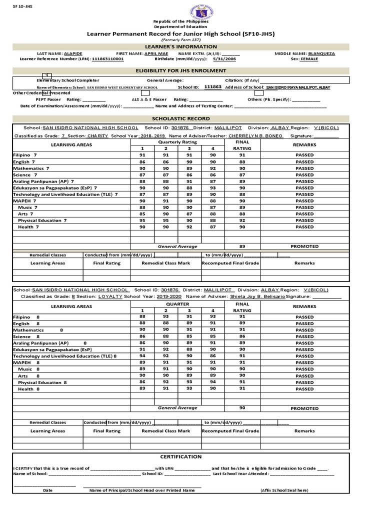 Learner Permanent Record For Junior High School (SF10-JHS) | PDF ...
