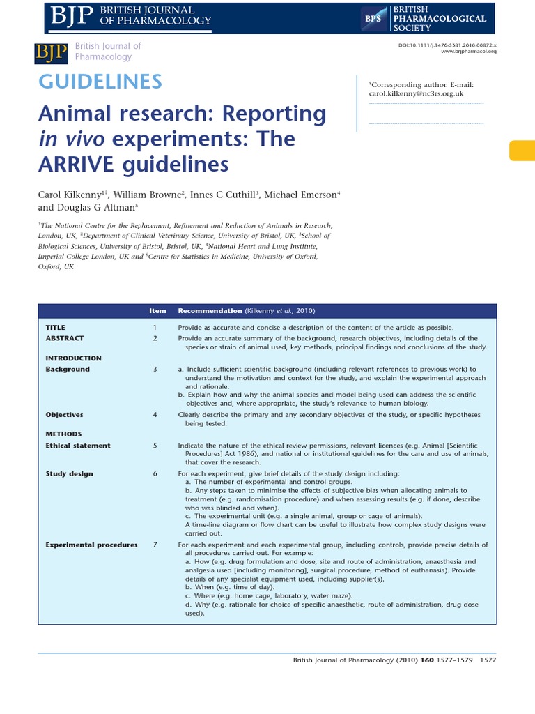 Animal Research - Reporting in Vivo Experiments - The ARRIVE Guidelines ...