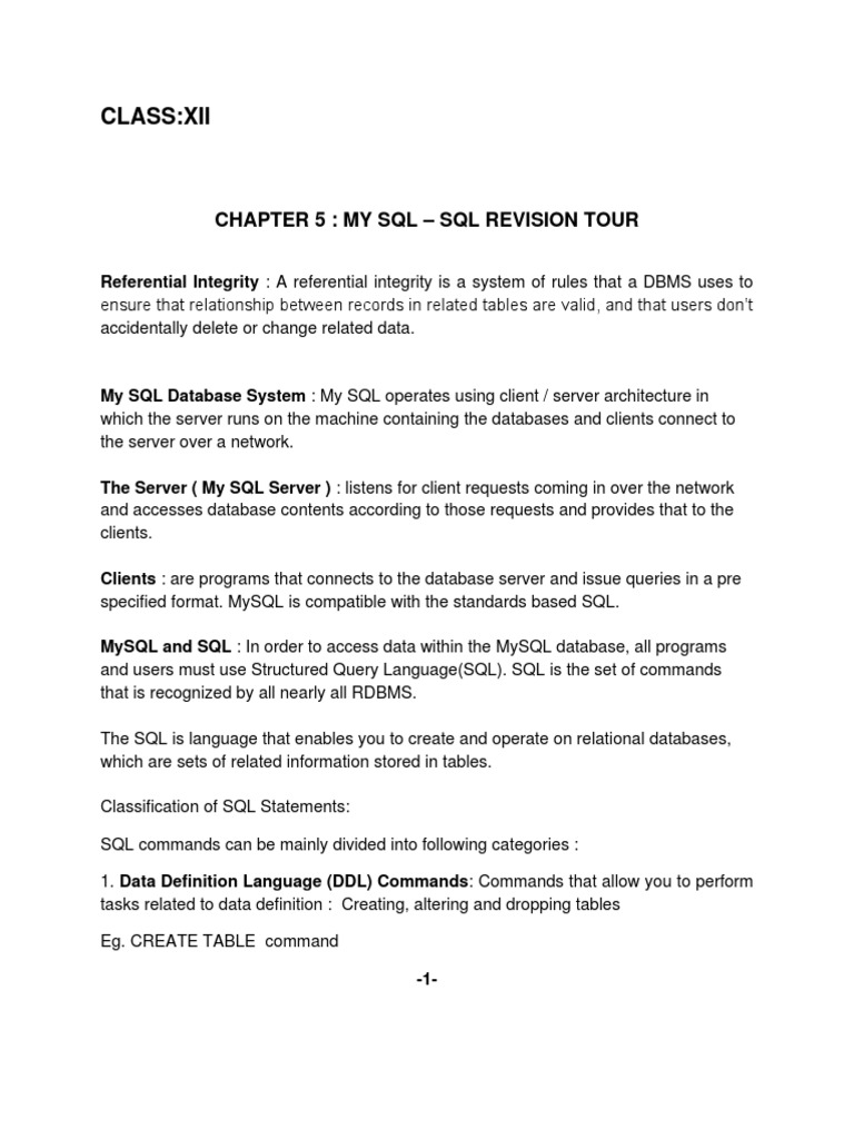 Class:Xii: Chapter 5: My SQL - SQL Revision Tour | PDF | Sql | Relational Database