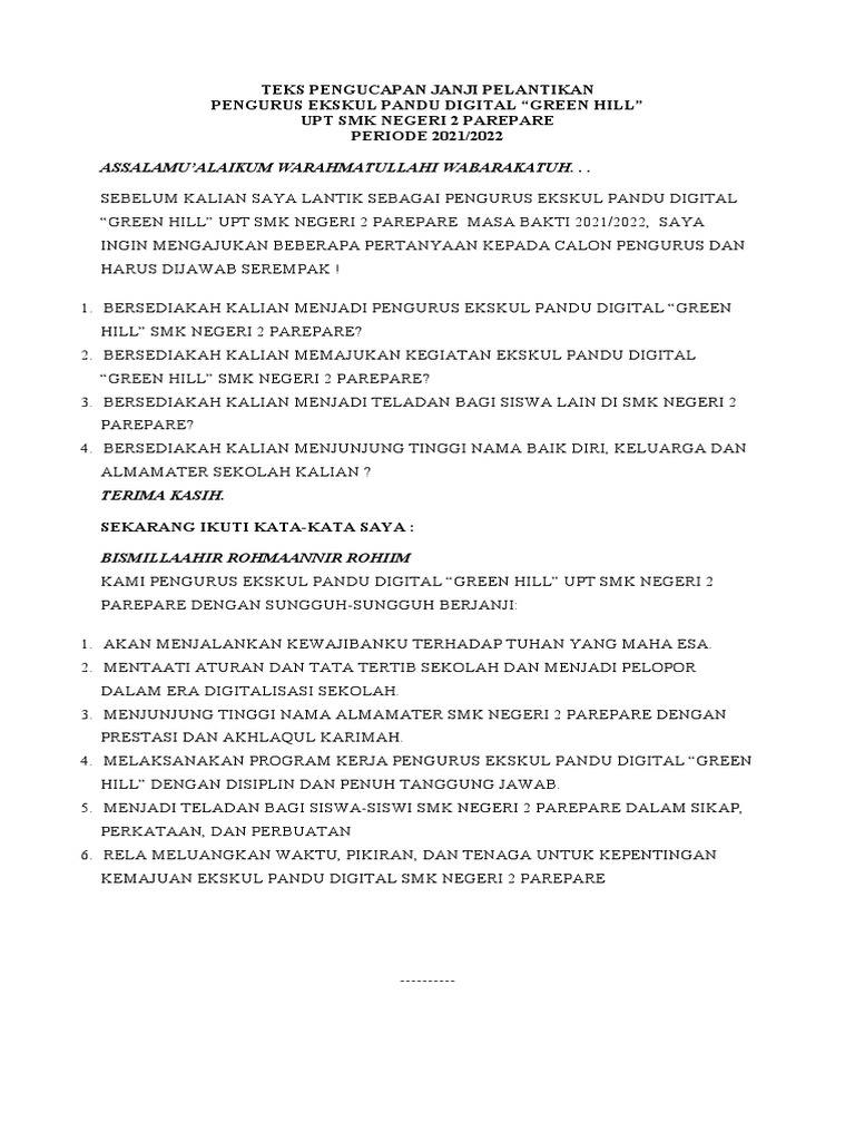 Teks Pelantikan Pengurus Ekskul 2021 | PDF