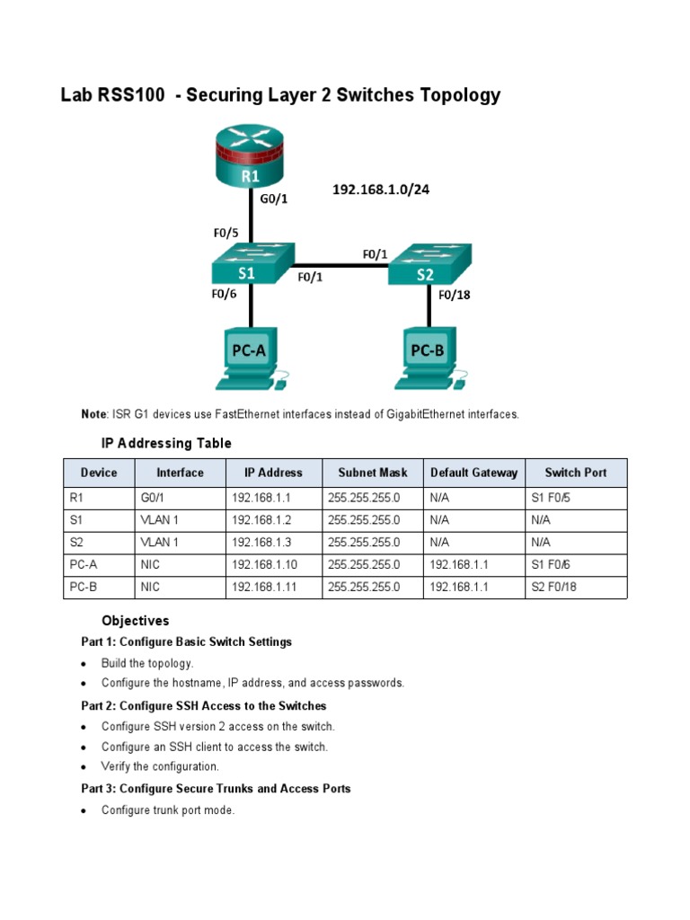 Securing Layer 2 Switches Lab Guide | PDF | Network Switch | Ip Address