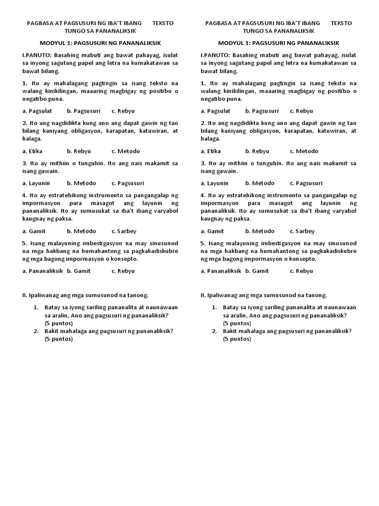 MODYUL-1-ASSESSMENT-Pagbasa at Pagsusuri | PDF