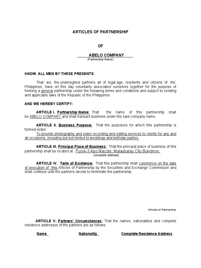Articles of Partnership: Purok-3 Apo Macote, Malaybalay City Bukidnon ...