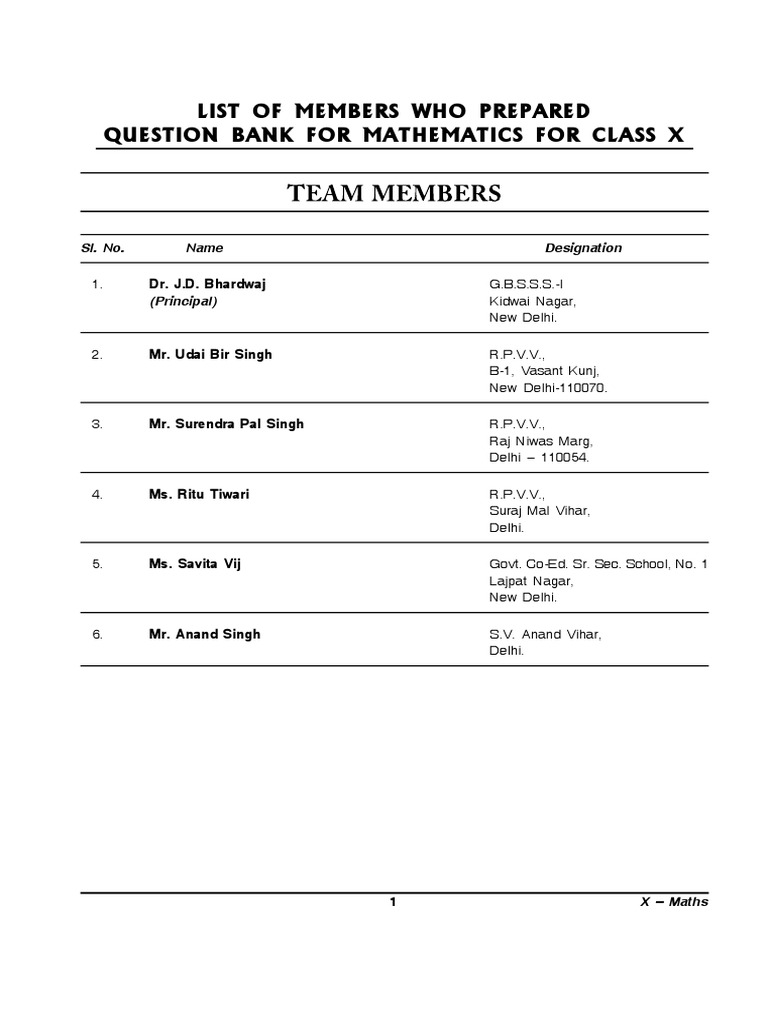 List of Members Who Prepared Question Bank For Mathematics For Class X ...