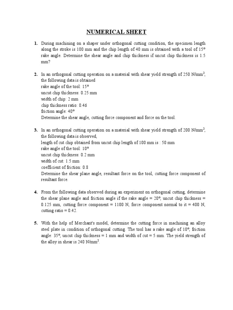 Numerical Sheet - Orthogonal Cutting | PDF