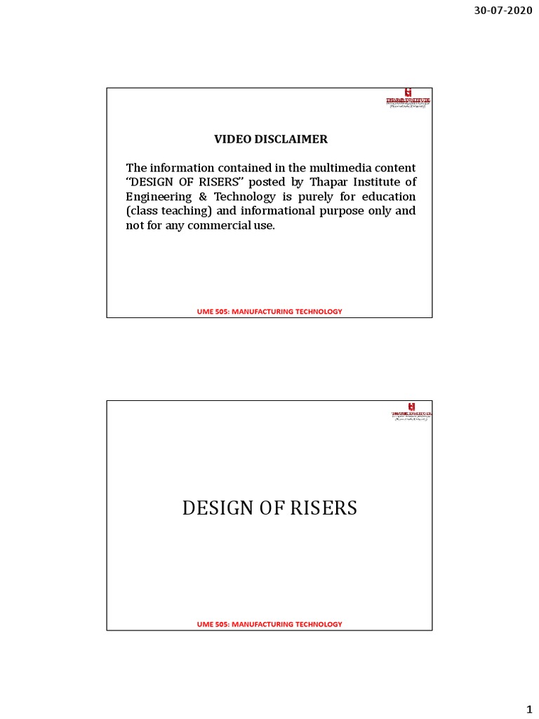Design of Risers: Ume 505: Manufacturing Technology | PDF | Casting ...