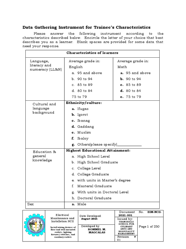 Data Gathering Instrument For Trainee's Characteristics EIM NCII | PDF ...