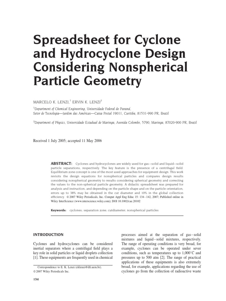Spreadsheet For Cyclone and Hydrocyclone Design Considering Nonspherical Particle Geometry | PDF ...