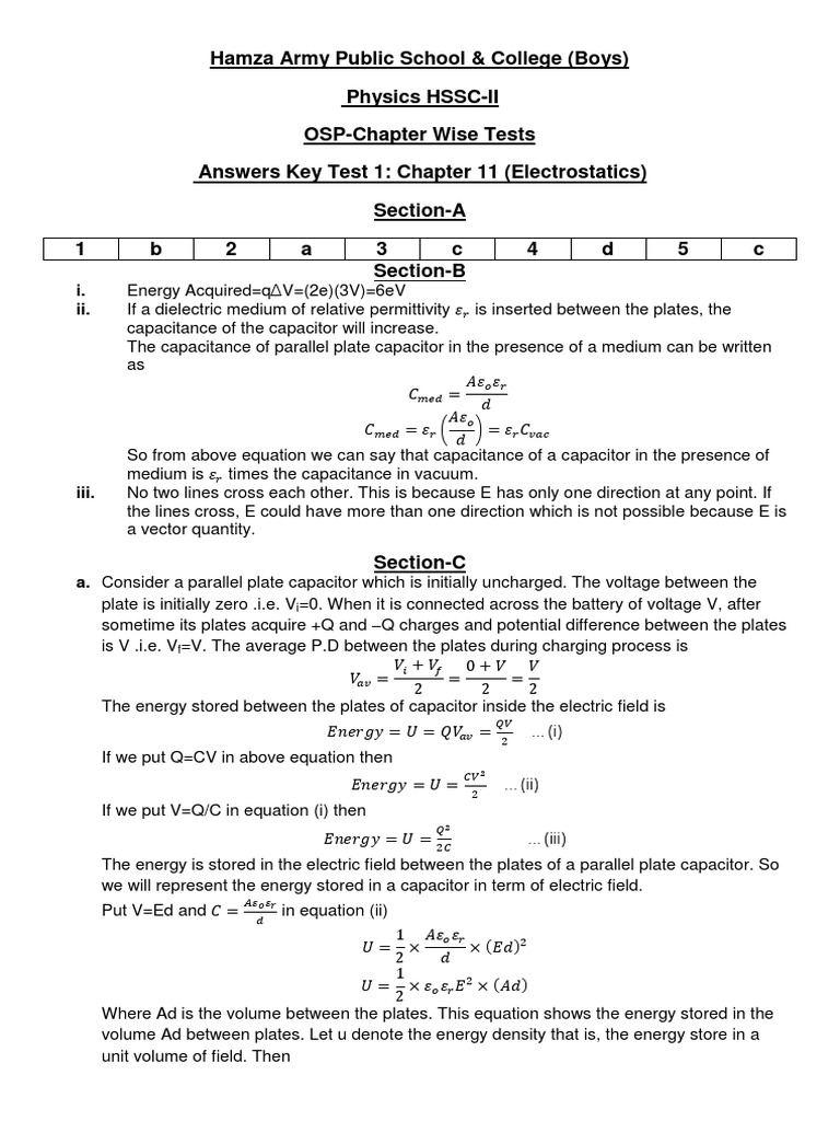 Physics HSSC-II Chapter 11 Electrostatics Test 1 Answers Key | PDF ...