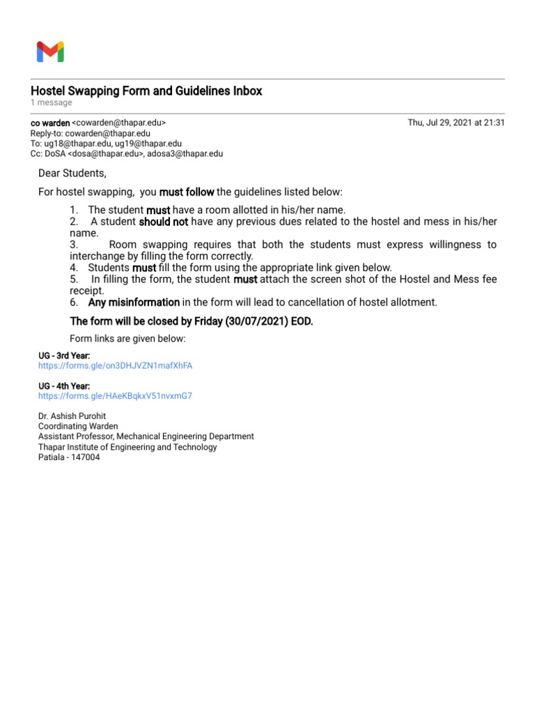 Hostel Swapping Form and Guidelines Inbox: 1 Message | PDF