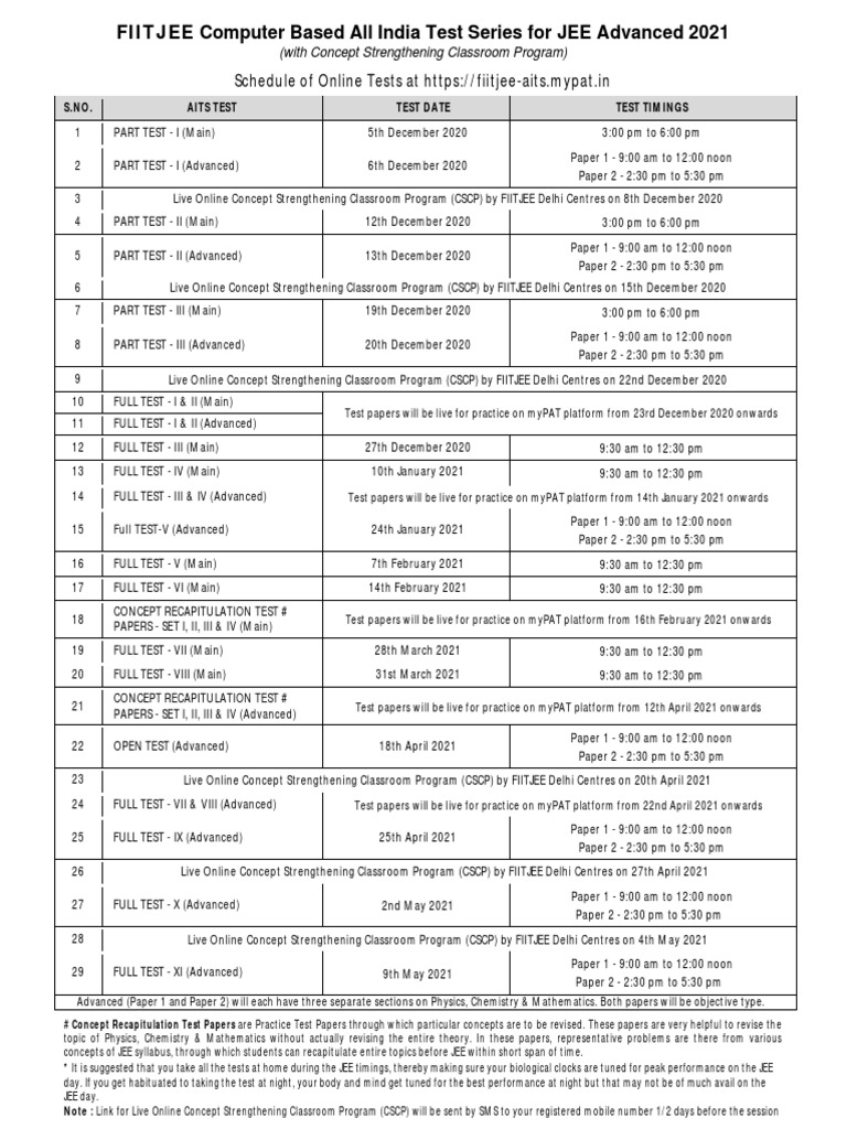 Fiitjee Test Series Schedule | PDF | Heat | Optics