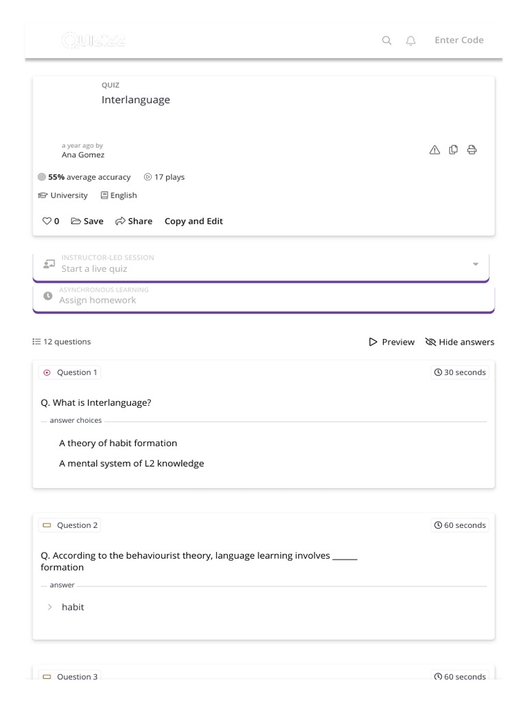 Interlanguage - English - Quizizz | PDF | Second Language | Neuropsychology
