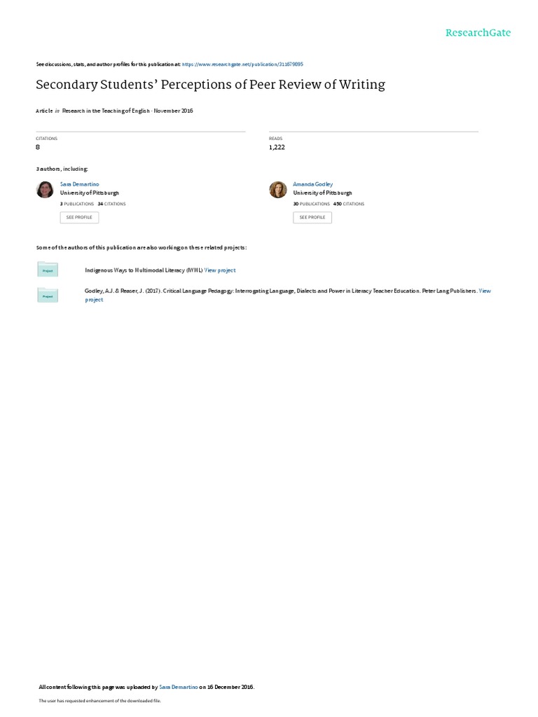 PS1 - Secondary Students' Perceptions of Peer Review of Writing | PDF ...