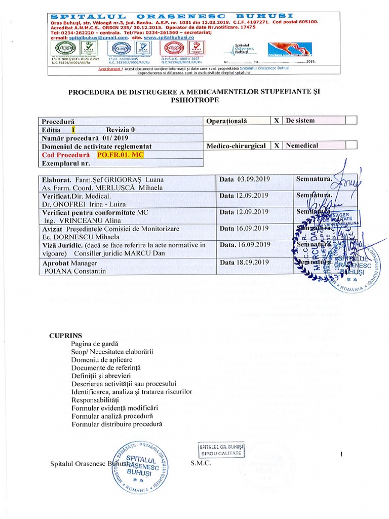 Procedura de Distrugere A Medicamentelor Stupefiante Si Psihotrope | PDF
