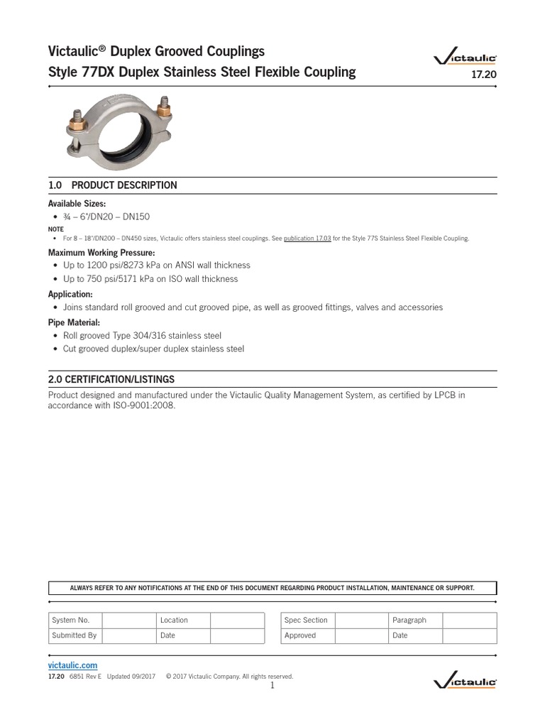 Victaulic Duplex Grooved Couplings Style 77DX Duplex Stainless Steel ...