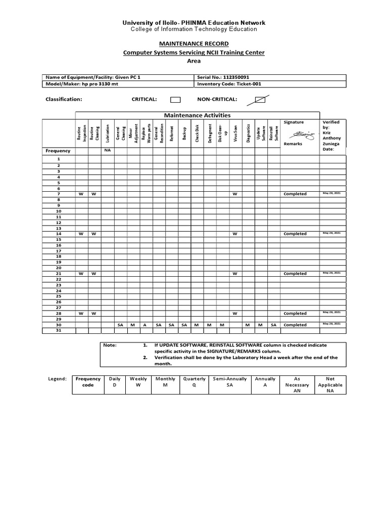 Maintenance Record Computer Systems Servicing NCII Training Center Area ...