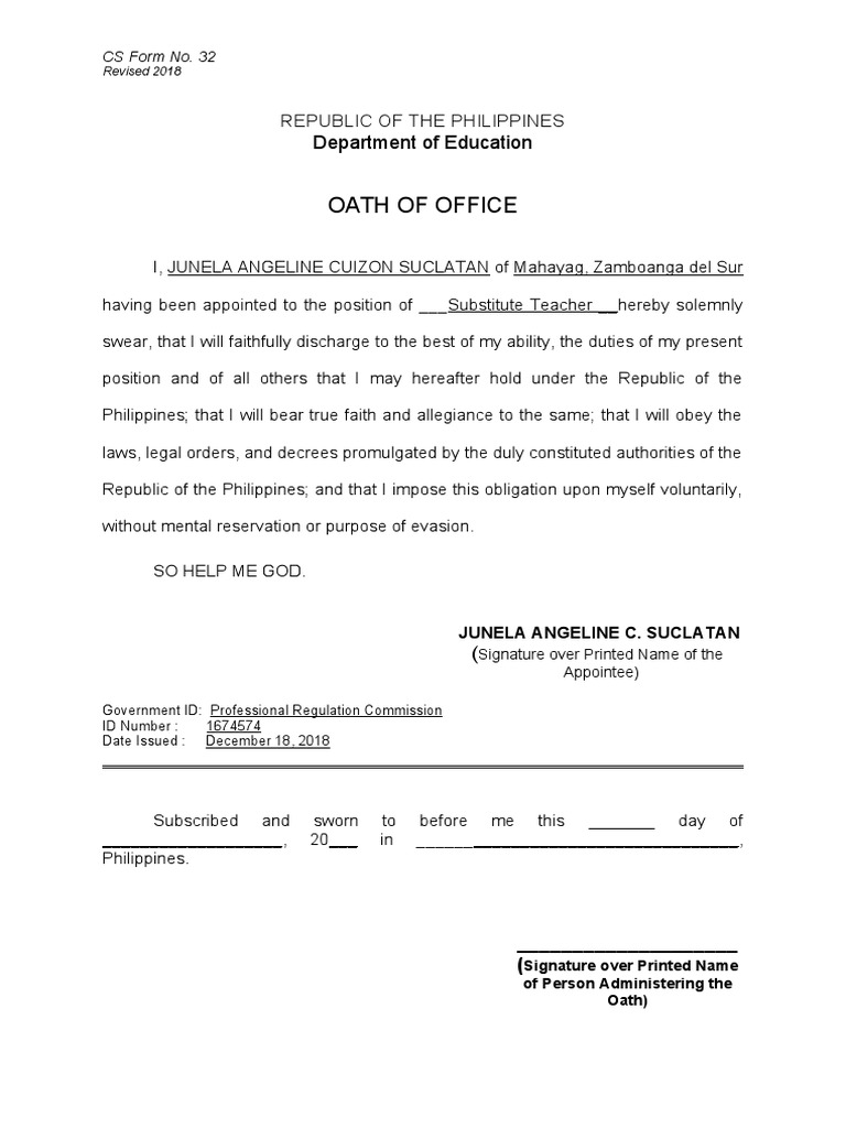 CS Form-No. 32 Oath of Office 2018 | PDF