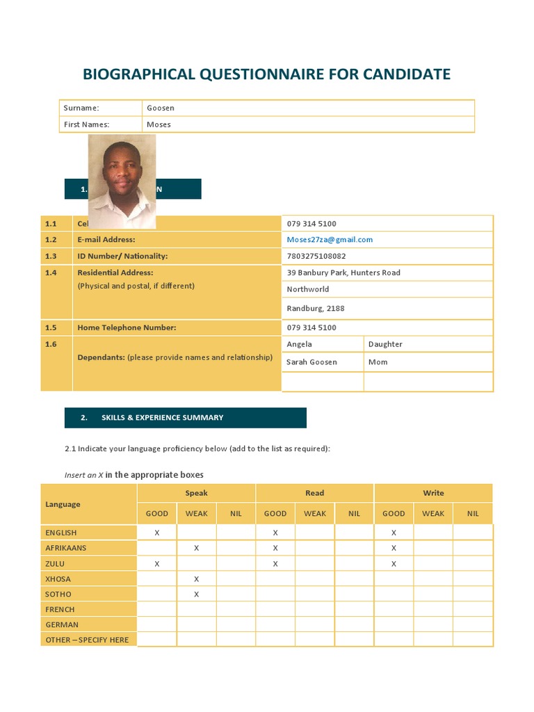 Moses Biographical Questionnaire | PDF | Project Management | Business