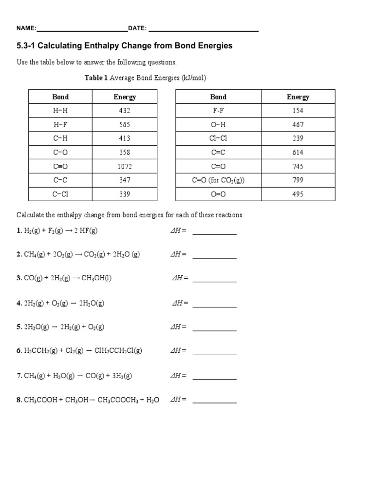 Bond Energy Calculations Worksheet With Answers How To Calculate Bond