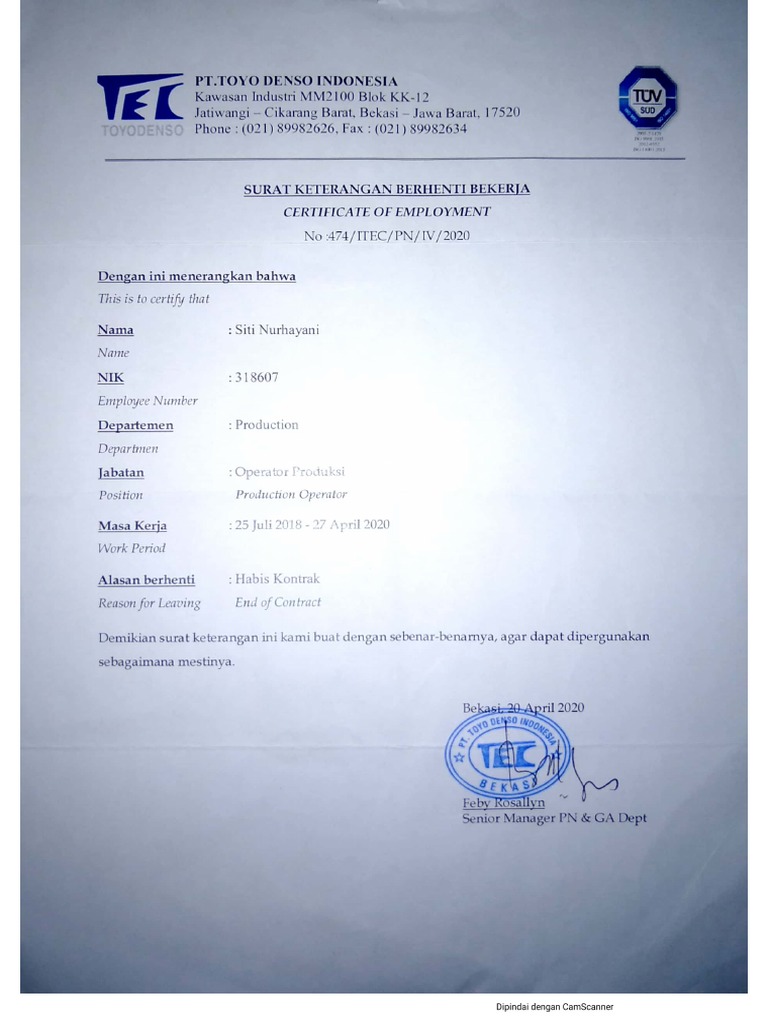 Paklaring PT Toyo Denso Indonesia | PDF