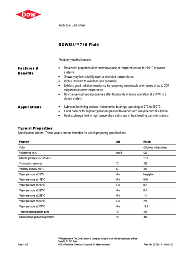 DOWSIL™ 710 Fluid: Features & Benefits | PDF | Dow Chemical Company ...